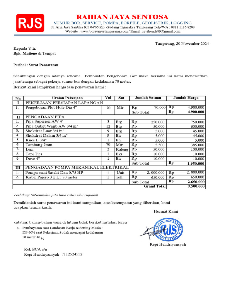 Penawaran Jasa Pengeboran Sumur | PDF