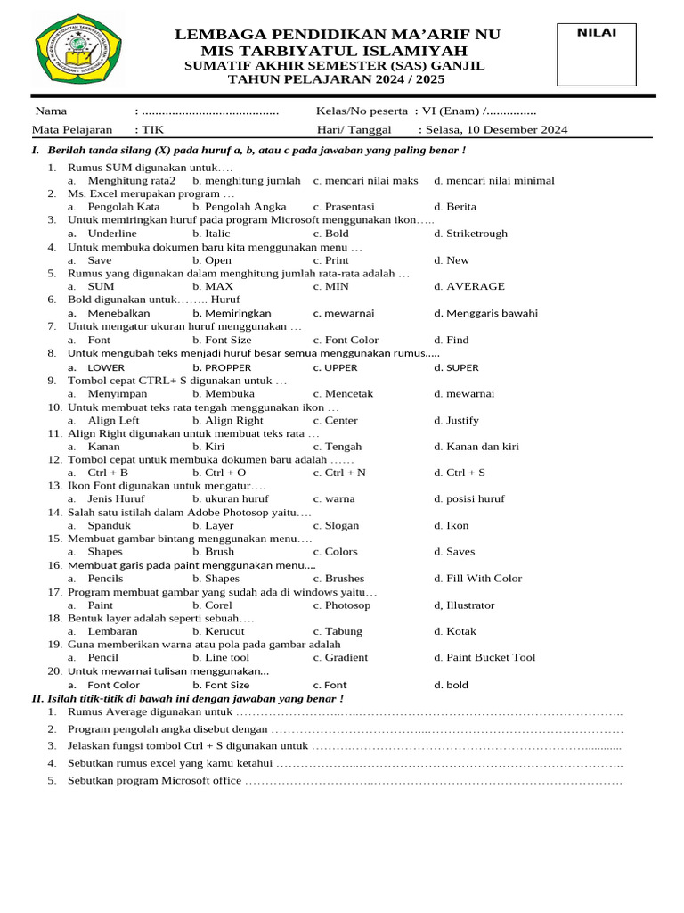 Soal SAS Ganjil TIK Kls 6 2024-2025 | PDF
