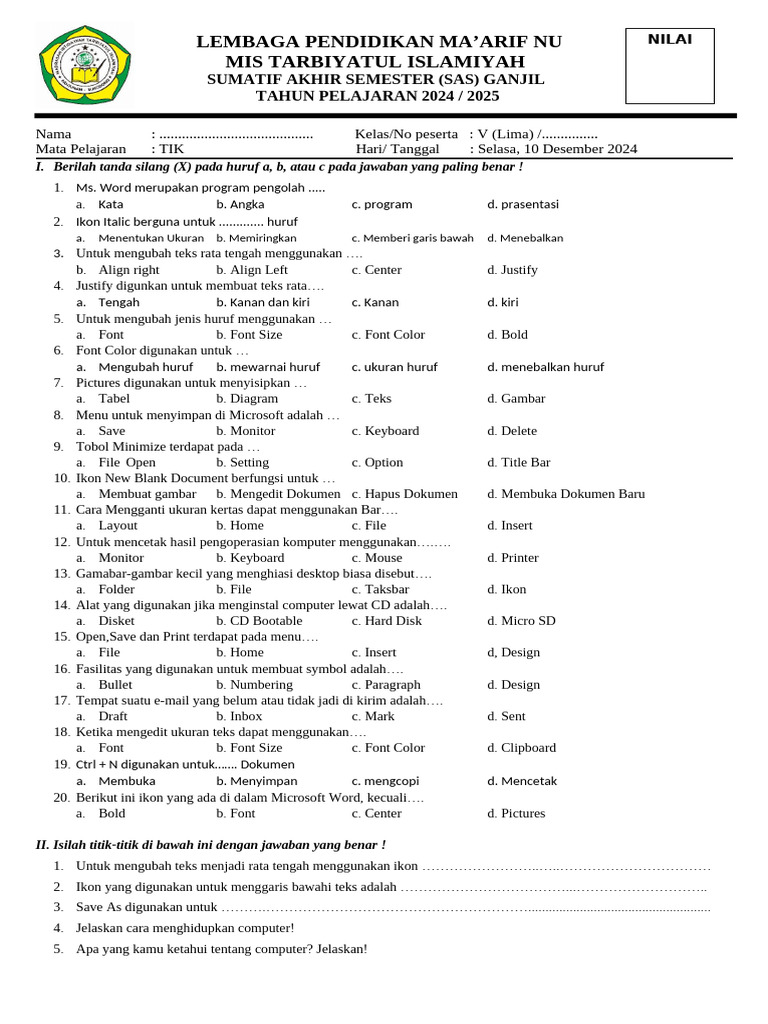 Soal TIK Kelas V Semester Ganjil | PDF