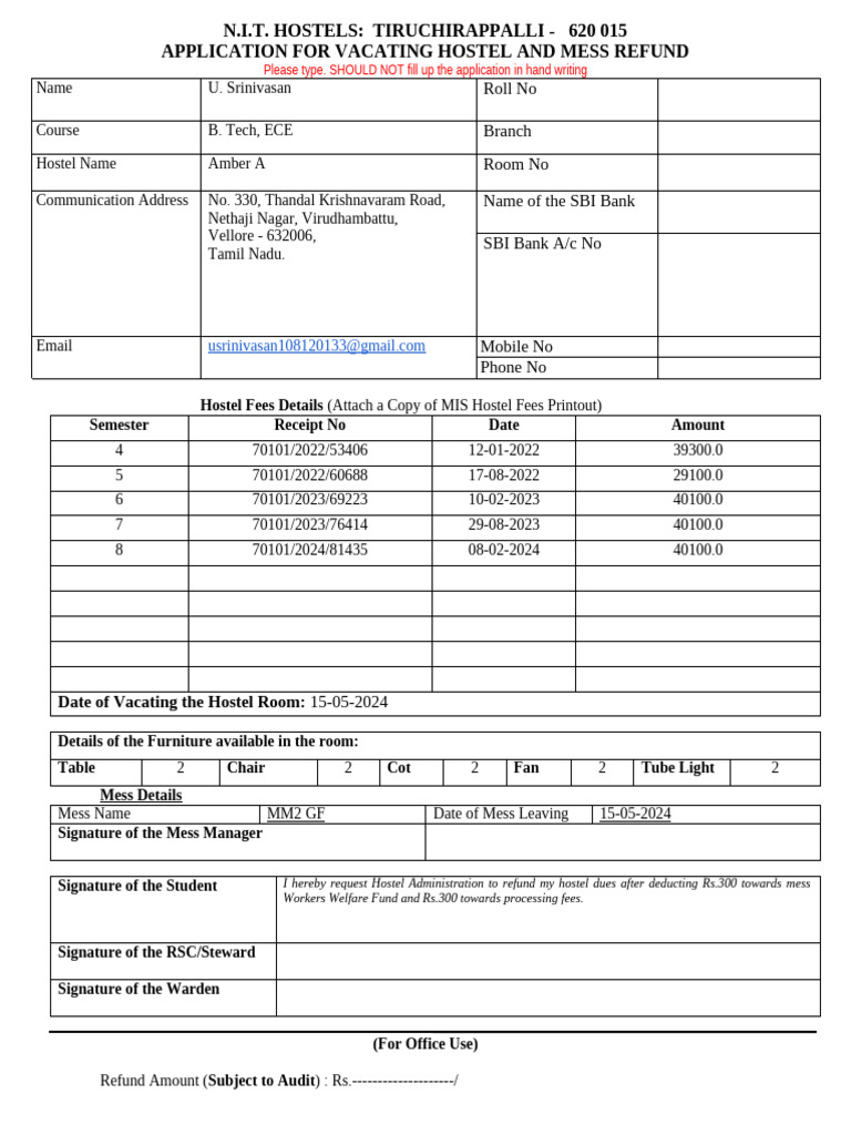 Hostel Vacating and Refund Application | PDF