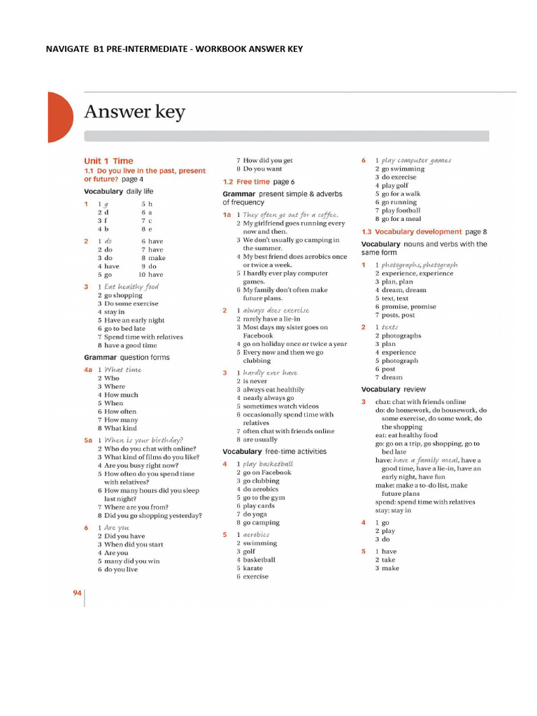 NAVIGATE B1 Pre WB ANSWER KEY | PDF