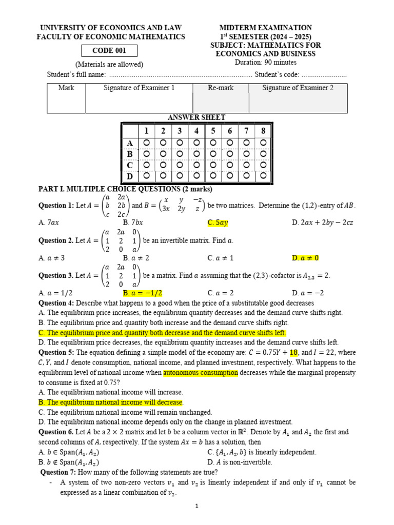 Midterm Exam: Mathematics for Economics | PDF | Linear Algebra | Algebra