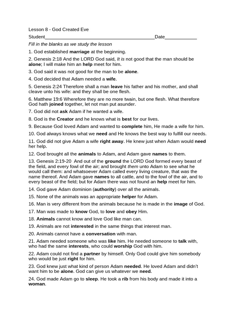Lesson 08 - God Created Eve | PDF | Adam | Eve