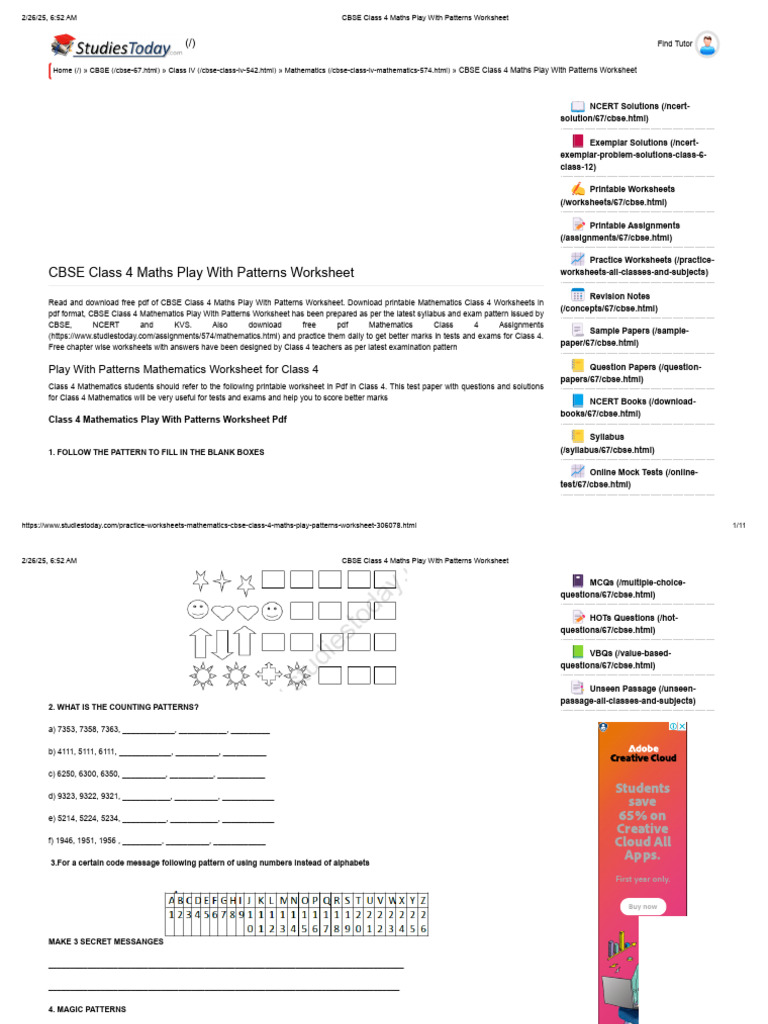 CBSE Class 4 Maths Play With Patterns Worksheet | PDF | Worksheet | Qualifications