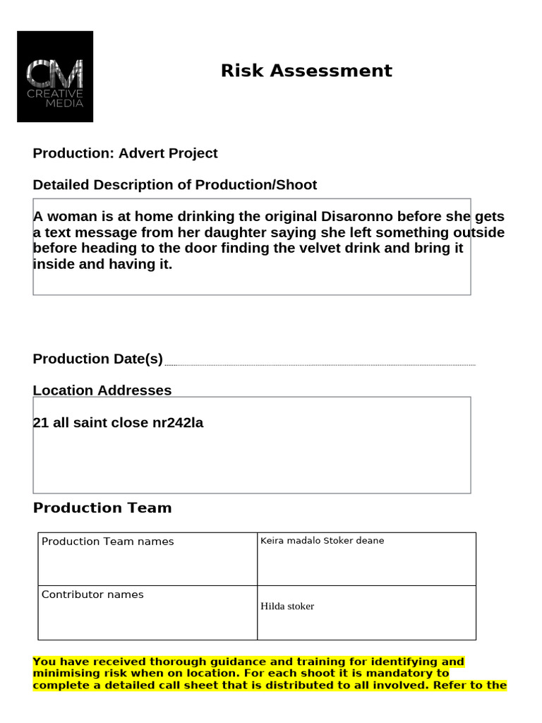 CM Student Filming Risk Assessment | PDF | Safety