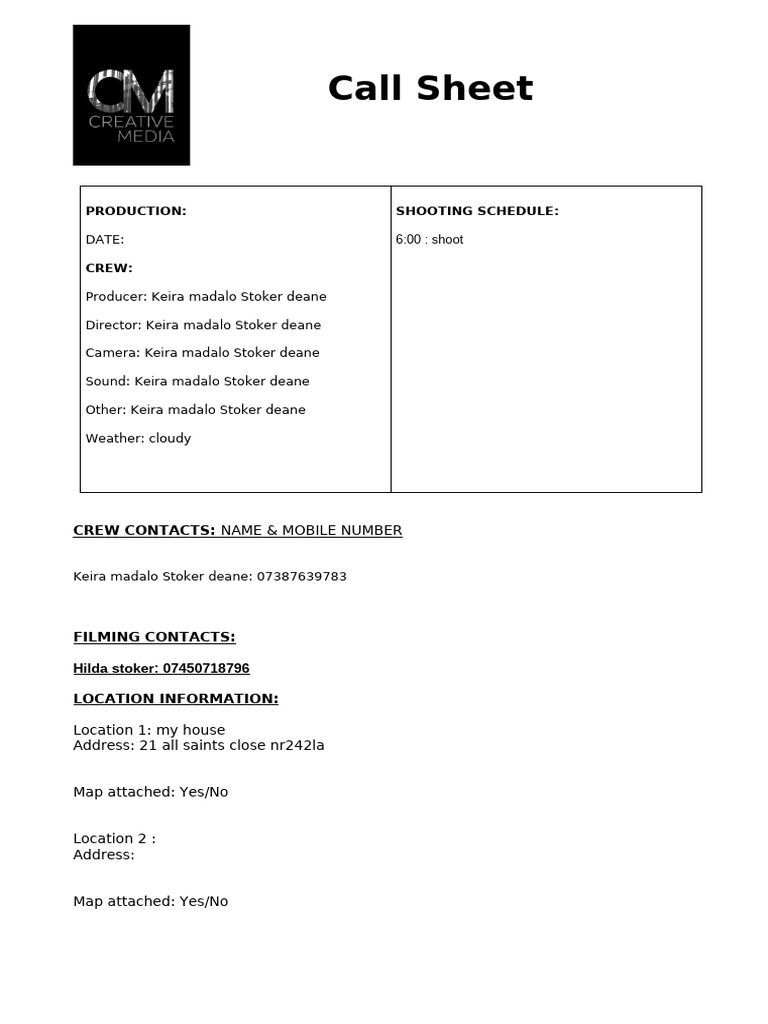Film Production Call Sheet Template | PDF
