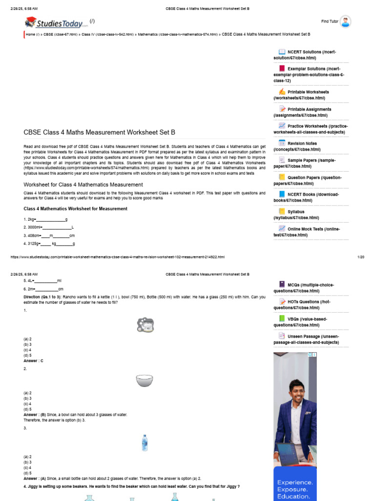 CBSE Class 4 Maths Measurement Worksheet Set B | PDF | Litre