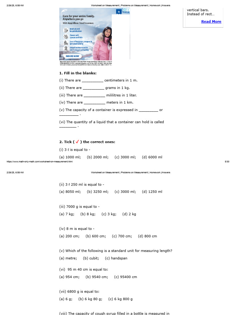 Worksheet on Measurement _ Problems on Measurement _ Homework _Answers ...