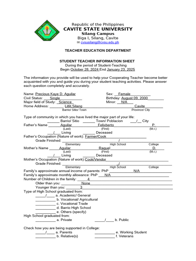 Student Teacher Information Sheet | PDF | Teachers | Learning