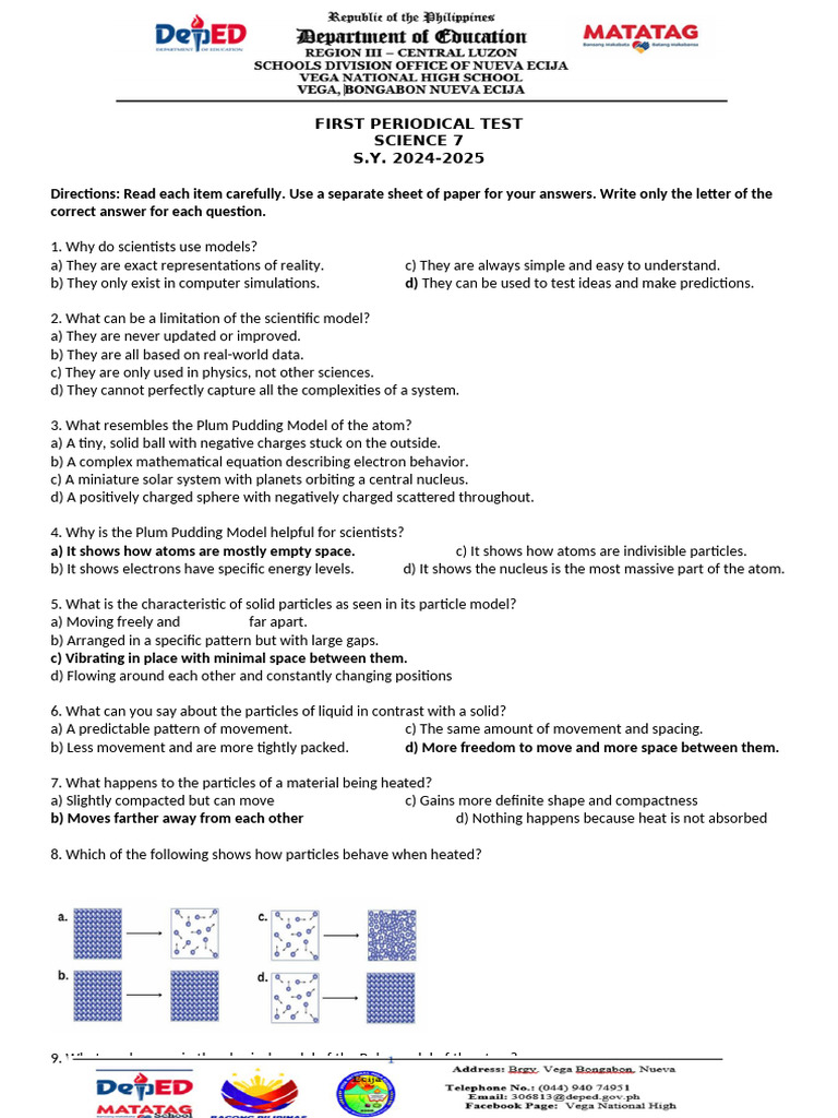 1ST-PERIODICAL TEST-SCIENCE-7-sy-2024-2025 | PDF | Gases | Atoms