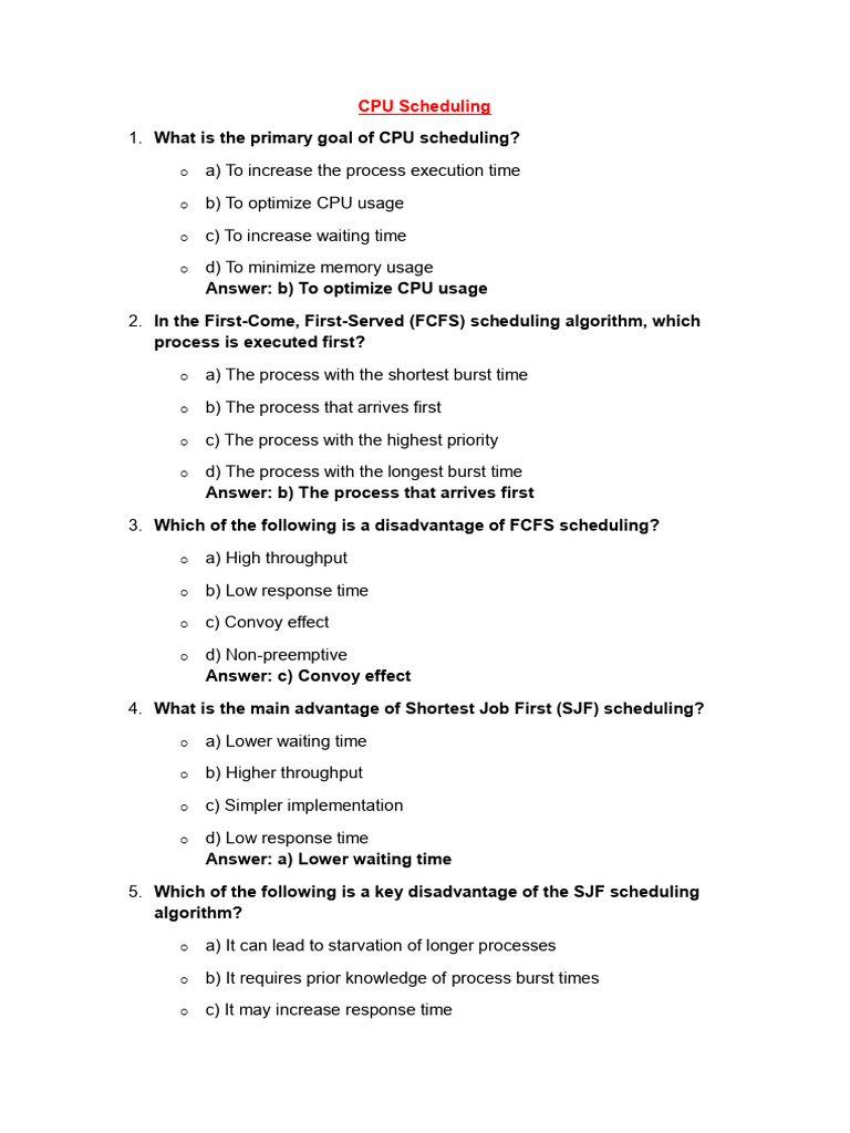 Operating System Cpu Schedulingmcq Pdf Scheduling Computing