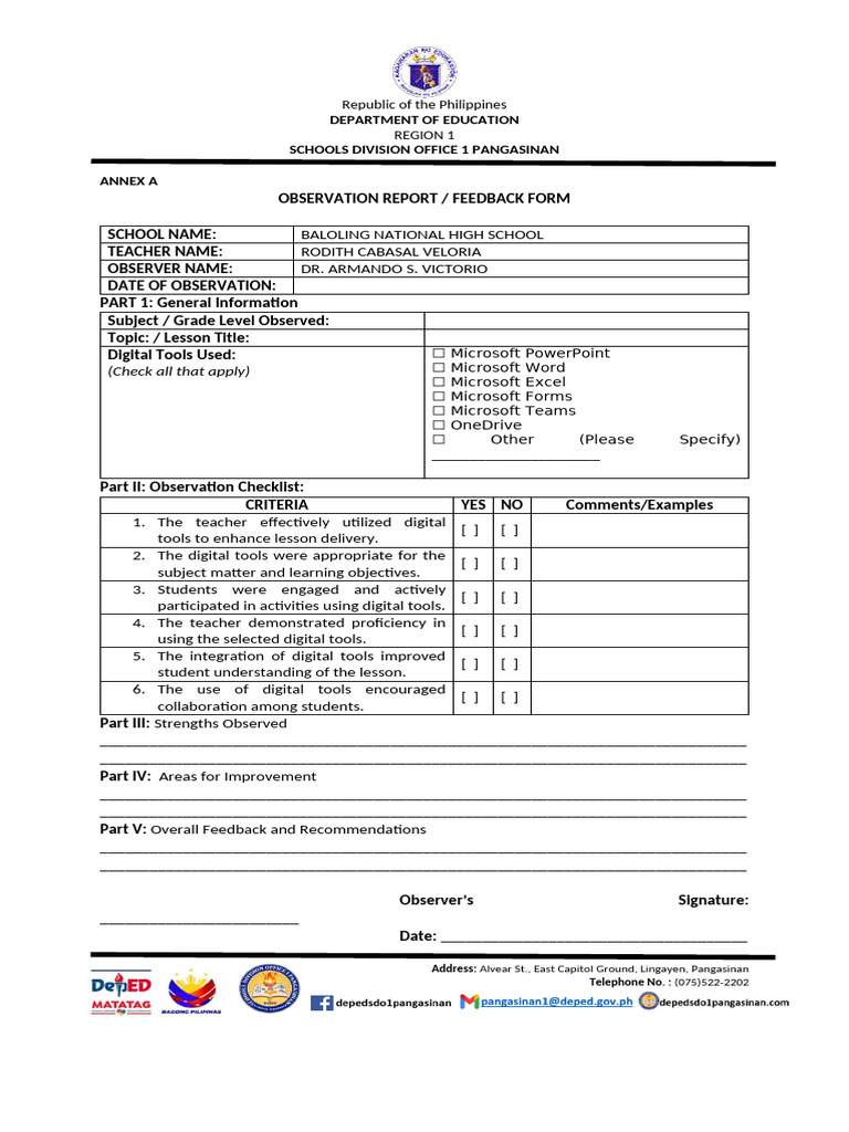 Observation Report Feedback Form | PDF | Teachers | Learning