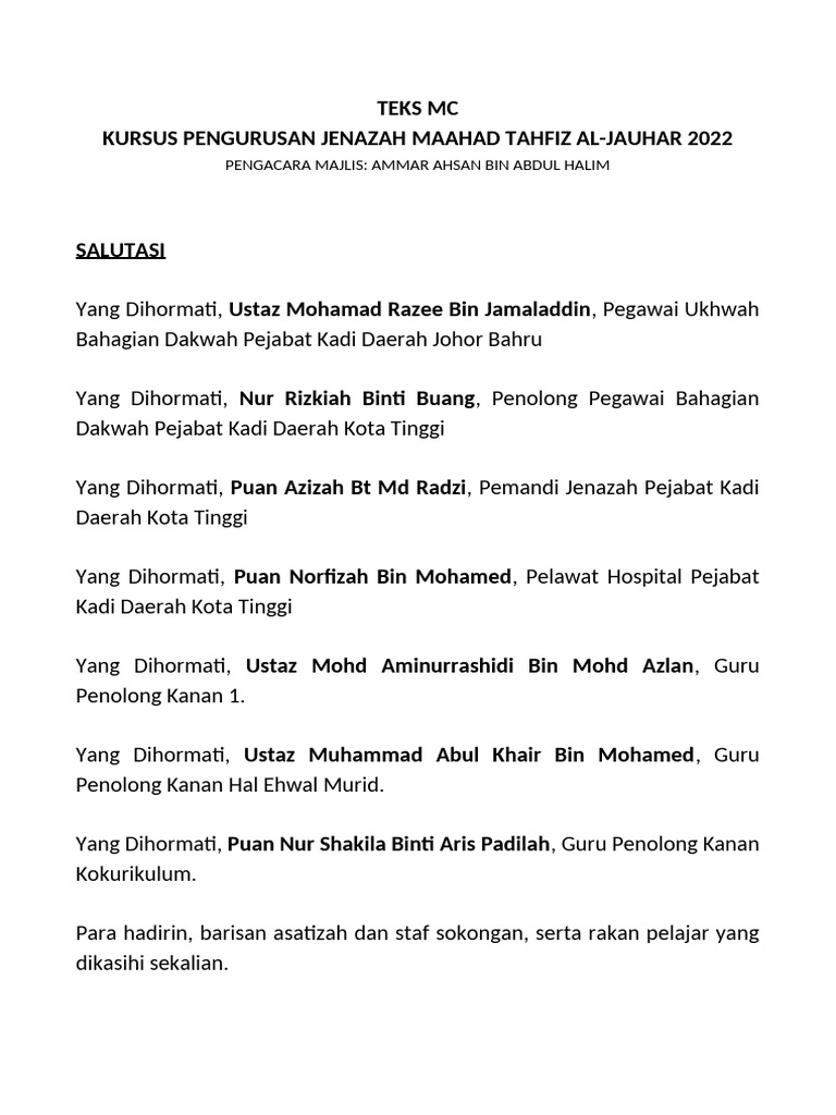 Teks MC Kursus Pengurusan Jenazah Mtaj 2022 | PDF