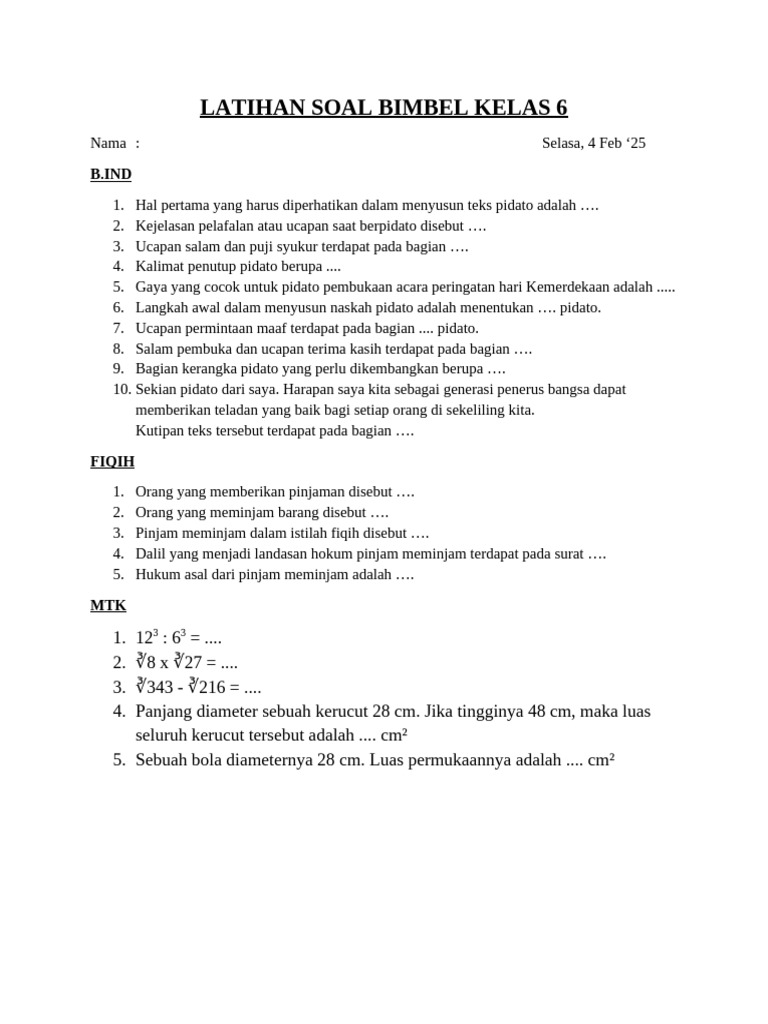 LATIHAN SOAL BIMBEL KELAS 6 Saiki | PDF