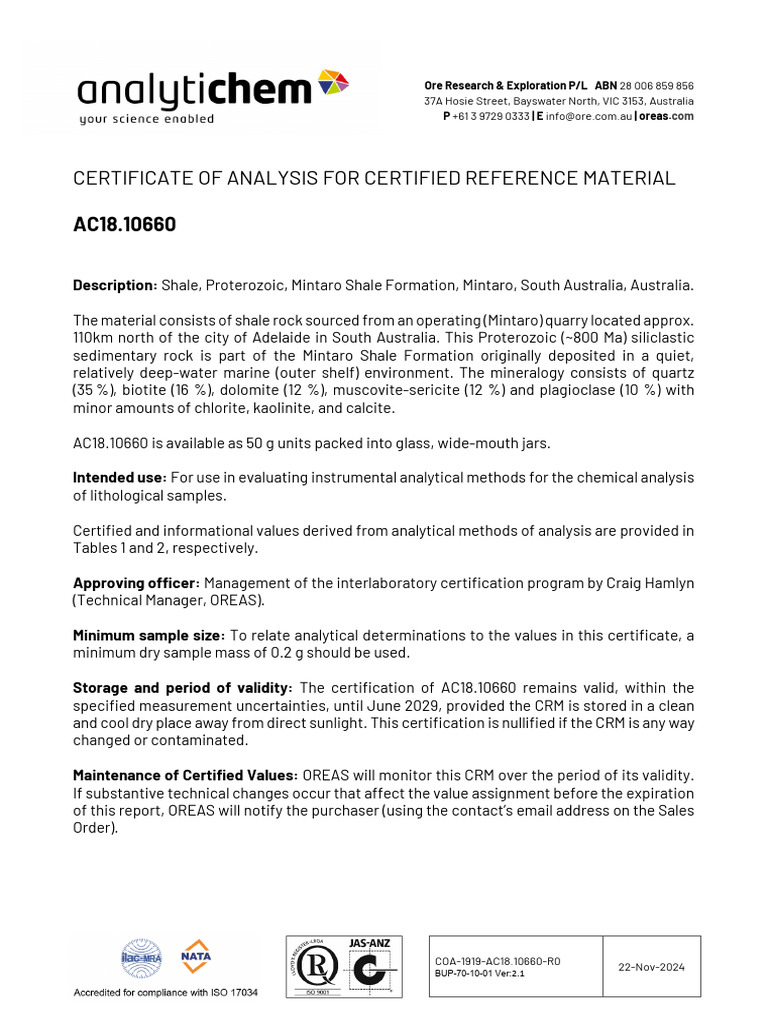 AC18.10660 Certificate | PDF | Shale | Geology