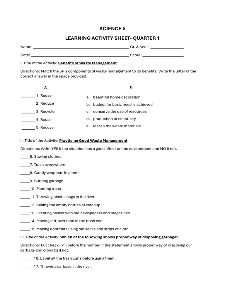 Waste Management Learning Activities | PDF | Waste | Waste Management