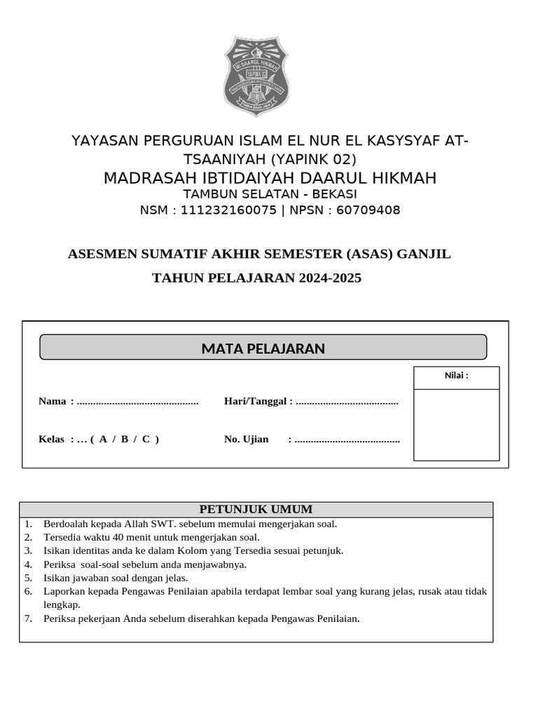 Kop Soal Asas 2024 - 2025 | PDF