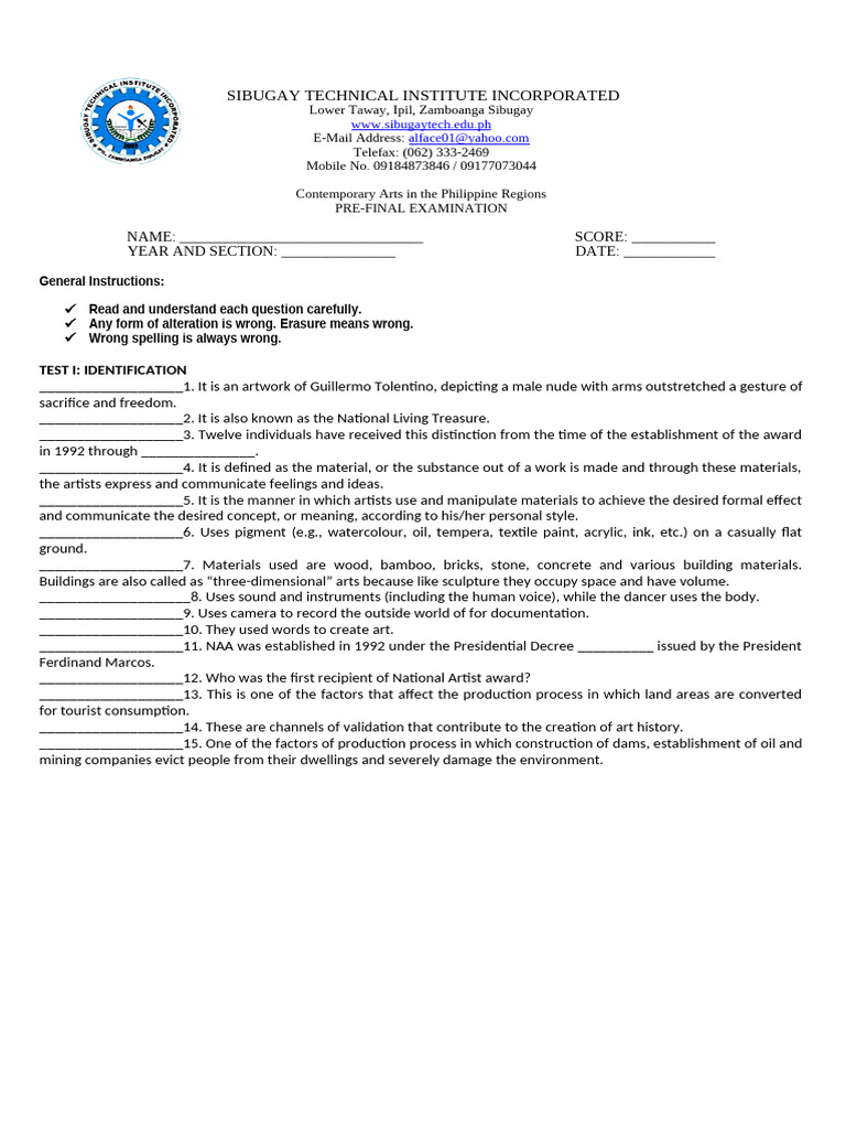 4-Pre Final Test (ARTS) | PDF