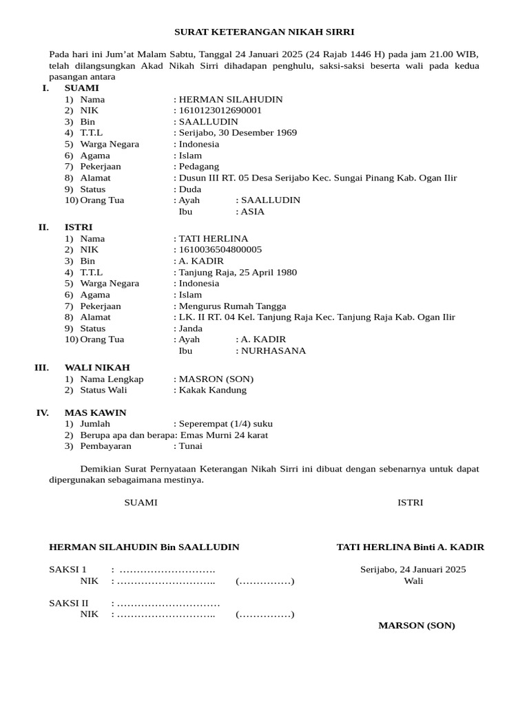 Surat Keterangan Nikah Sirri 2025 | PDF