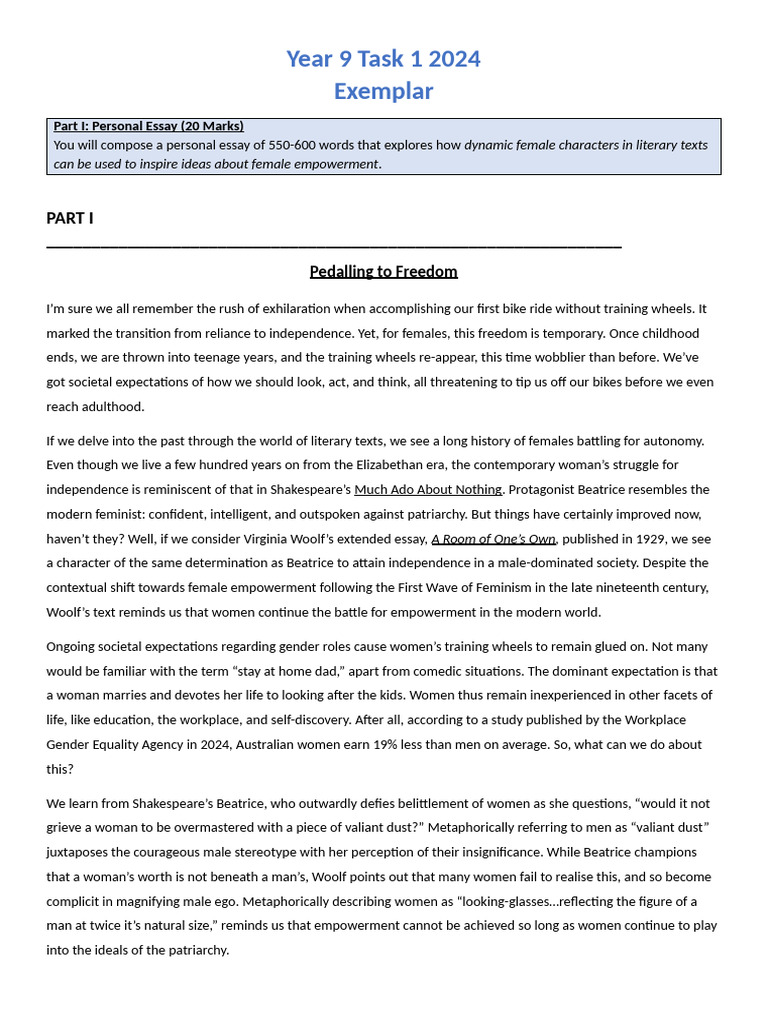 Year 9 Task 1 2025 Exemplar | PDF | Feminism | Gender Studies