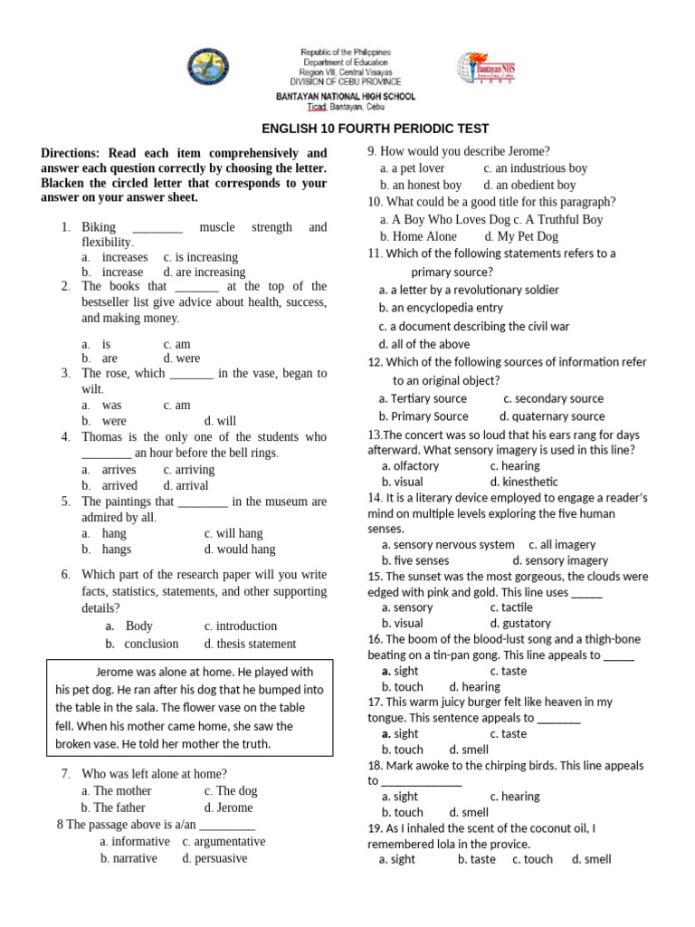 English 10 Fourth Periodic Test | PDF | Methodology | Science