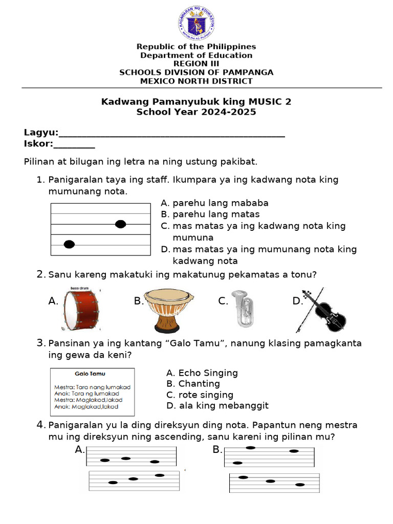 PT-MUSIC_2_2ND-QUARTER-TOS-ANSWER-KEY | PDF | Pitch (Music ...
