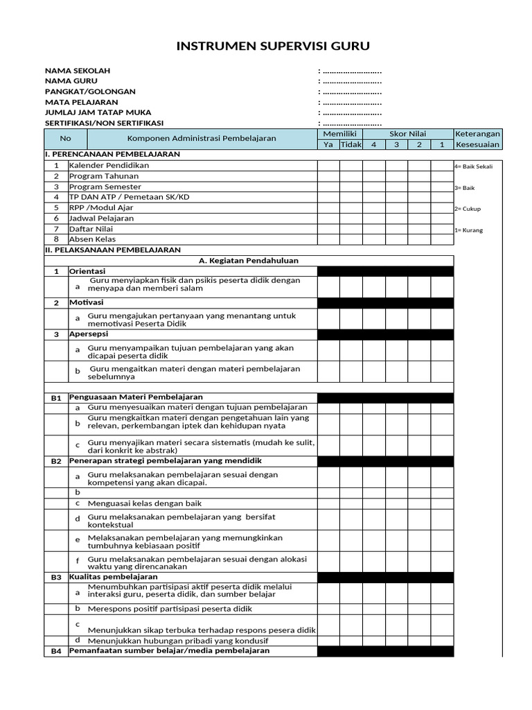 Format Penilaian Supervisi Guru | PDF