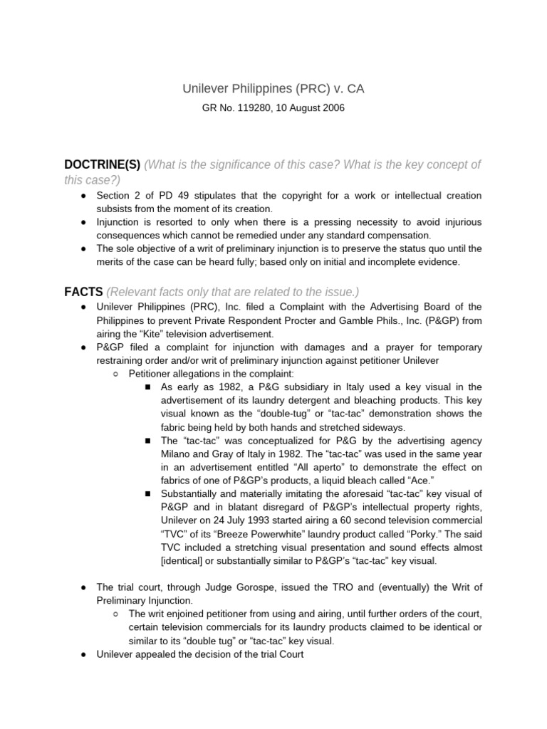 Unilever Philippines (PRC) v. CA | PDF | Injunction | Procter & Gamble