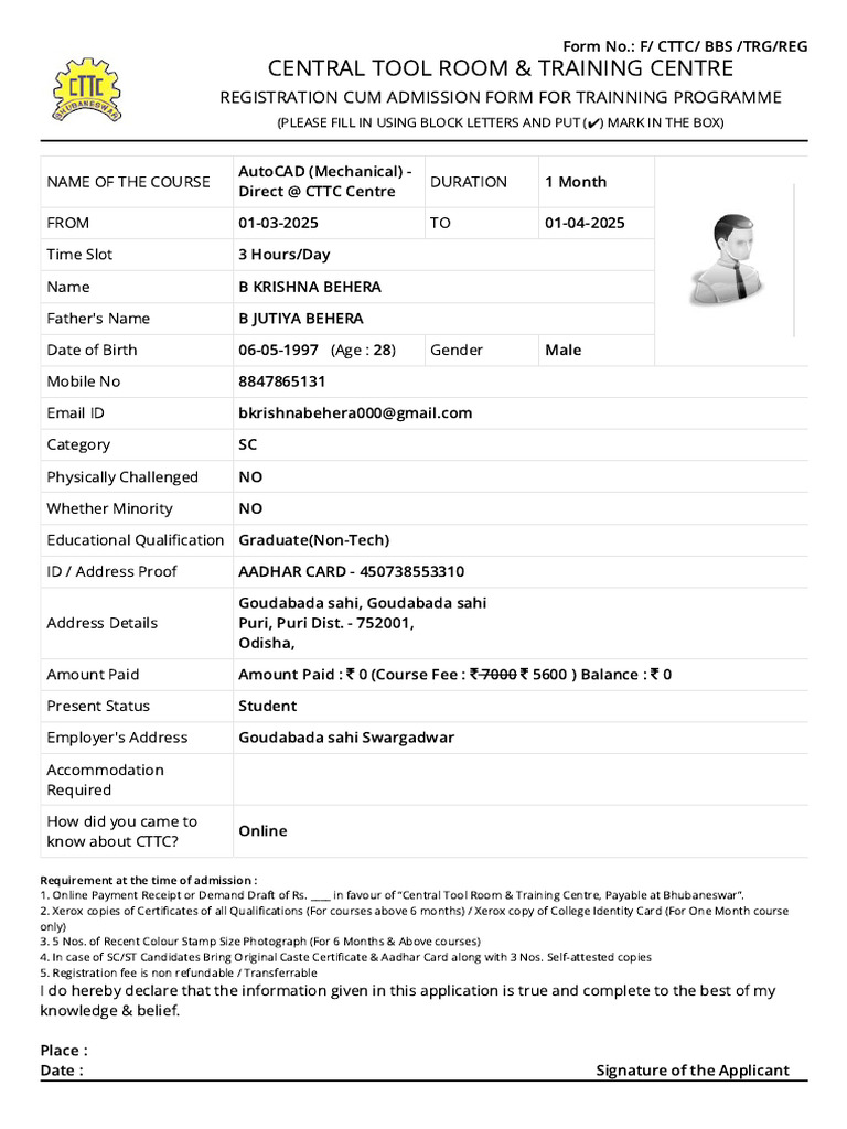 CTTC Bhubaneswar Course Fee Details | PDF