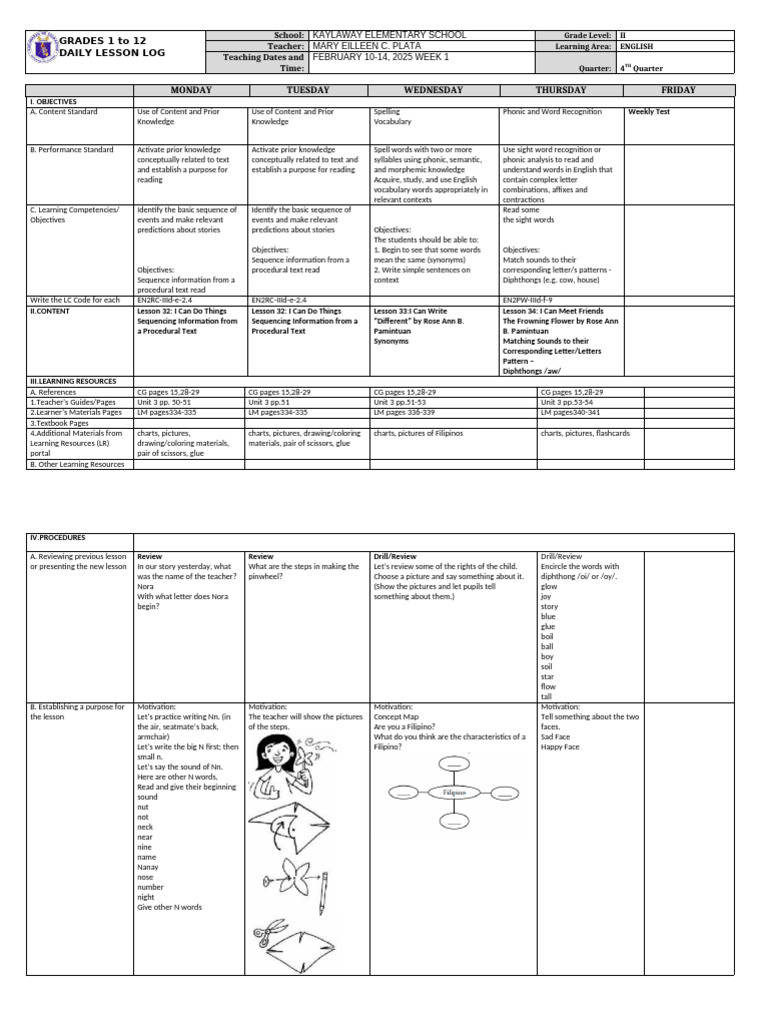 Grade 2 DLL ENGLISH Q4 Week 1 | PDF | Word | English Language