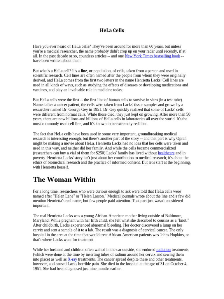 HeLa Cells Article and Questions | PDF | He La | Health Sciences