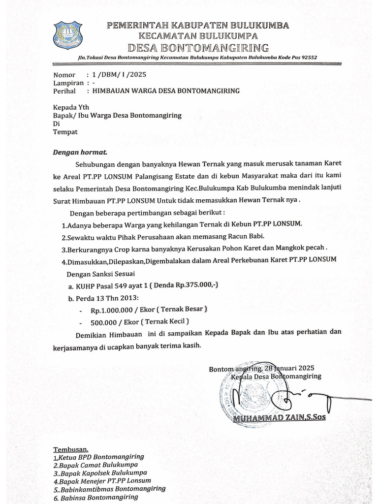 Surat Himbauan Warga Desa Bontomangiring | PDF