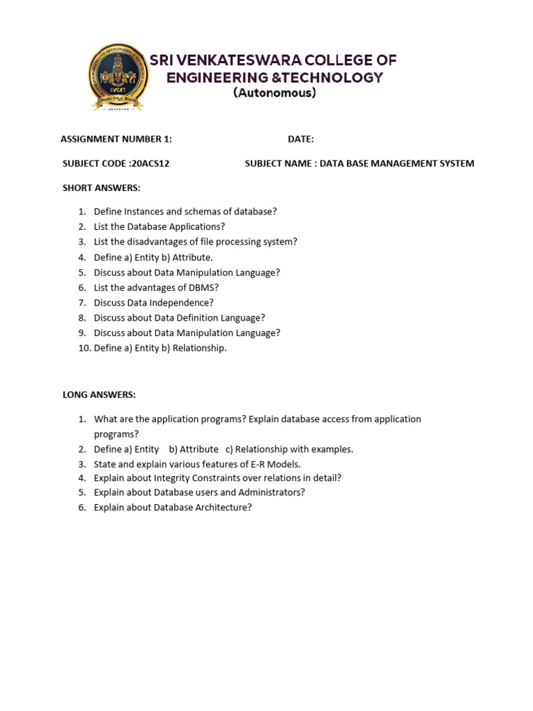 23acs12 Dbms Assignment 1 To 5 Questions | PDF | Relational Model | Databases
