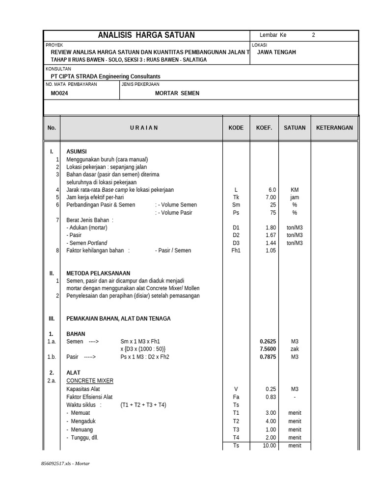 Analisis Harga Satuan Mortar Jalan T | PDF