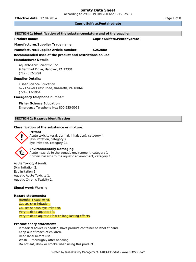 Copper (II) Sulfate Pentahydrate - SDS | PDF
