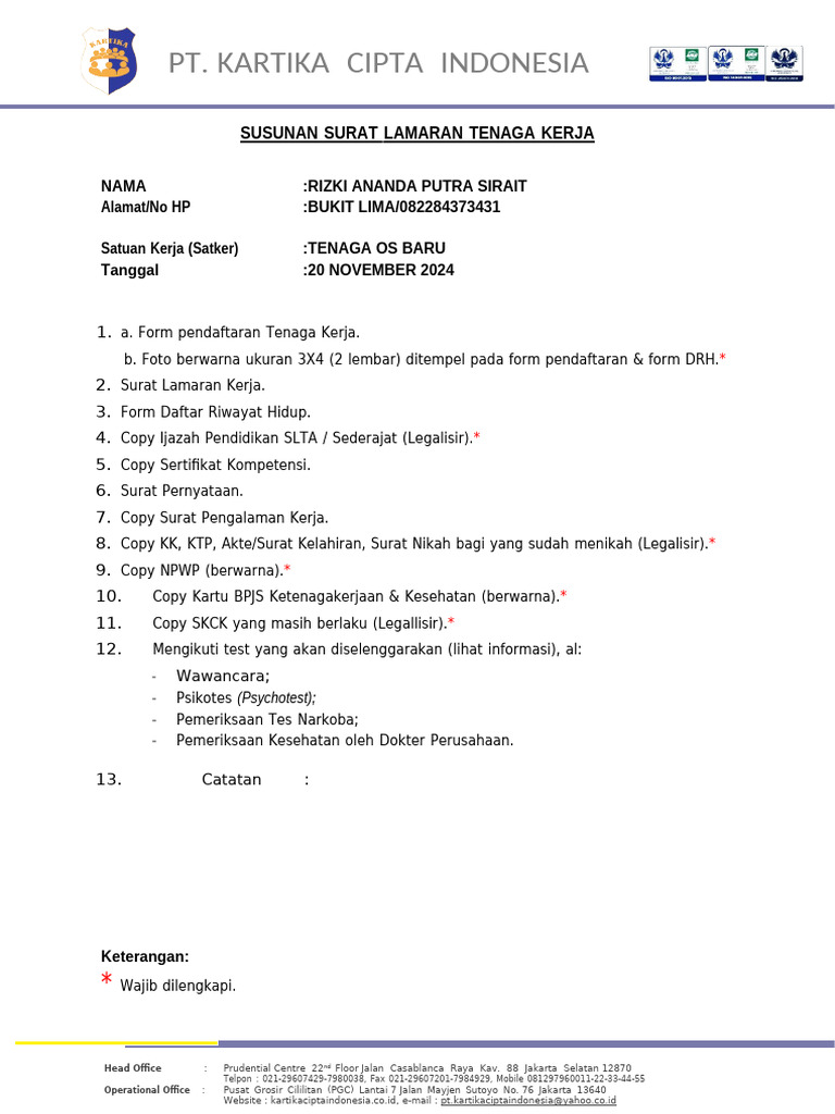 Surat Lamaran Kerja Rizki | PDF