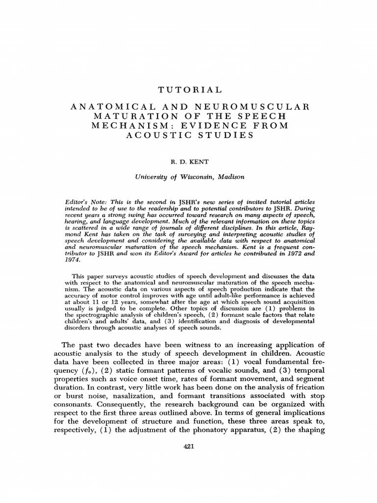 Tutorial Anatomical and Neuromuscular Maturation of The Speech Mechanism: Evidence From Acoustic ...