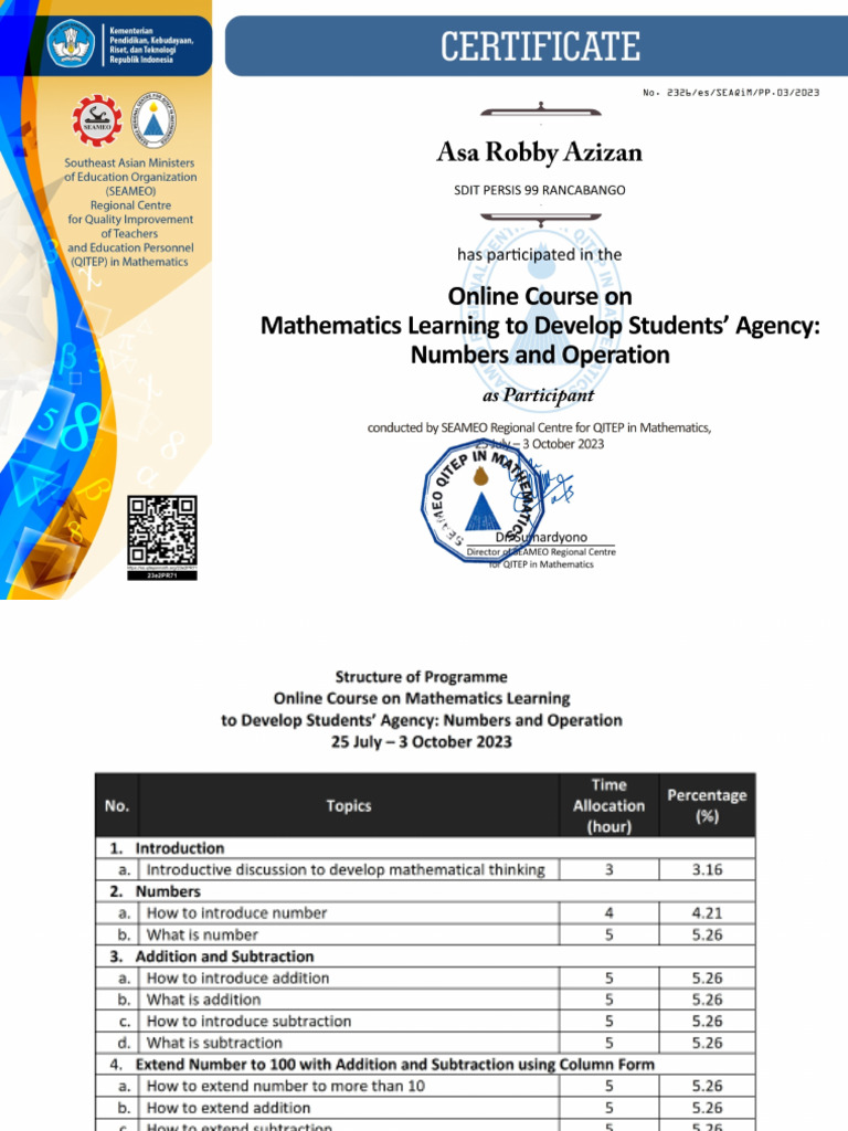 E-Certificate of SEAMEO Regional Centre for QITEP in Mathematics | PDF