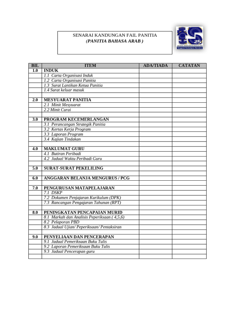 Senarai Semak Fail Panitia Bahasa Arab | PDF