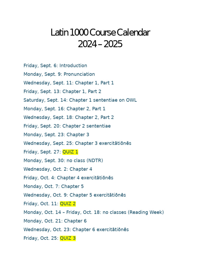 Latin 1000 Course Calendar 2024-2025 | PDF