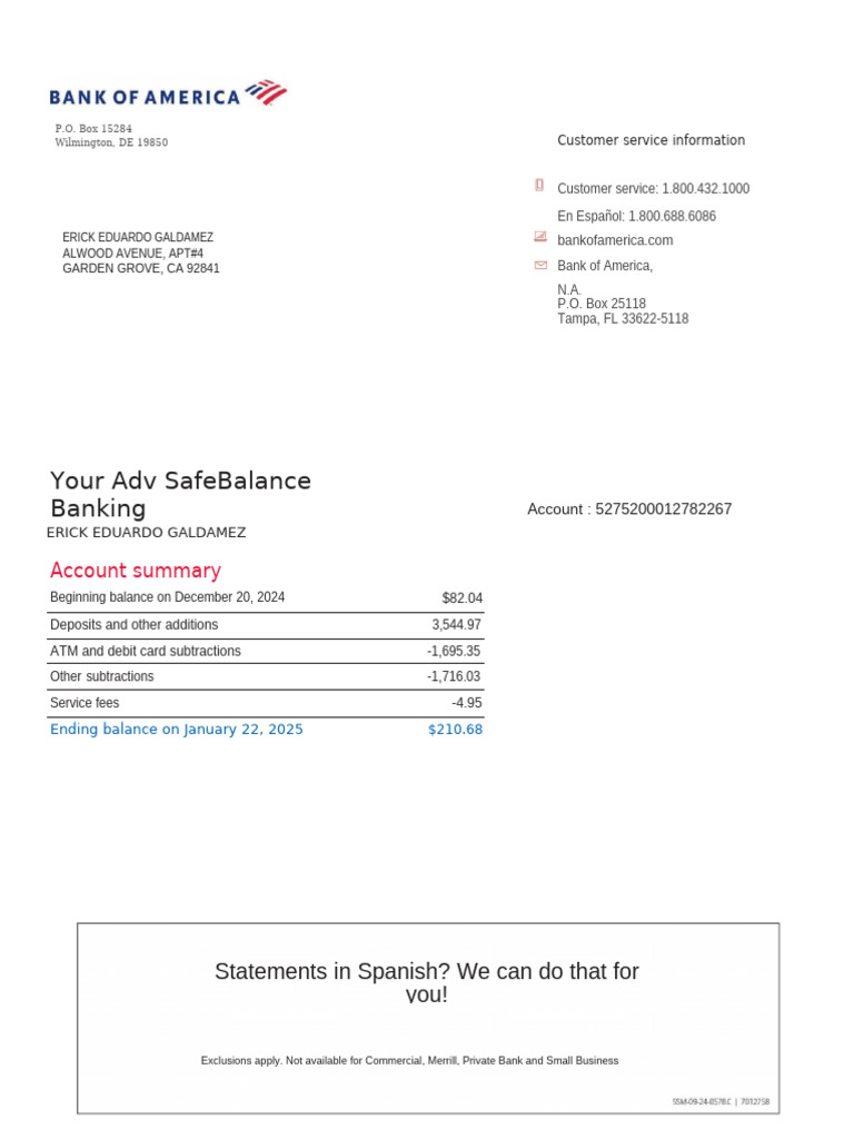 Bank of America Account Statement Summary | PDF | Pay Pal | Banks