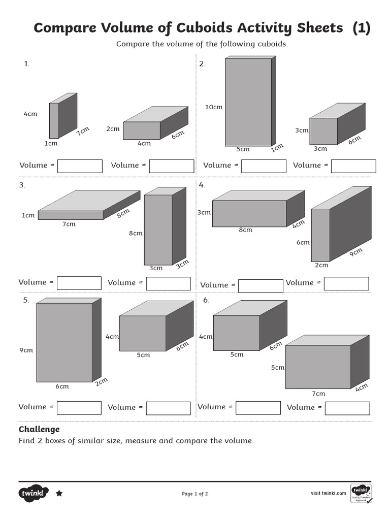 Compare Cuboid Volumes Activity Sheets | PDF