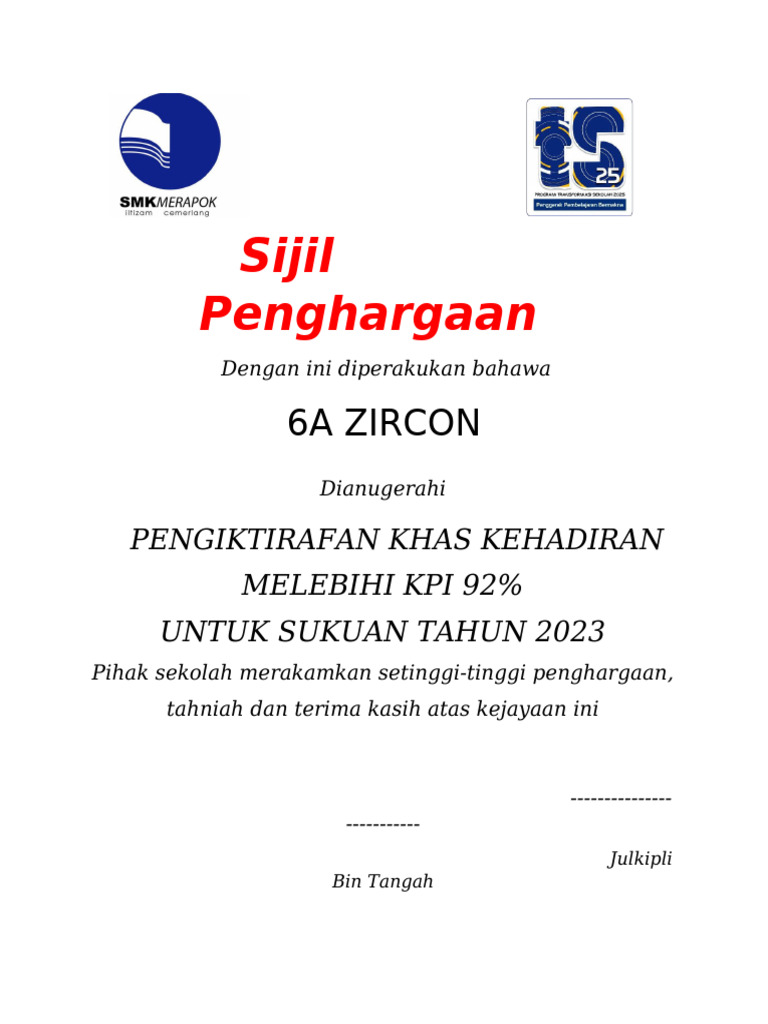 SIJIL KELAS MENCAPAI KPI FORM 6 | PDF