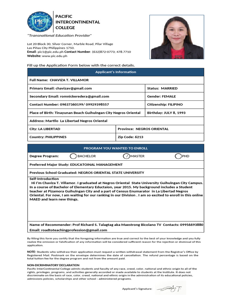 PIC Application Form 1 | PDF