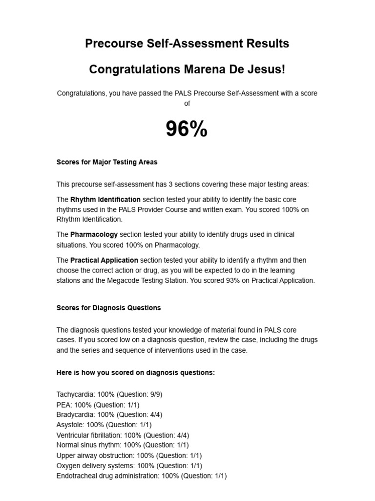 AHA ELearning - PALS Precourse Self-Assessment | PDF | Medical ...