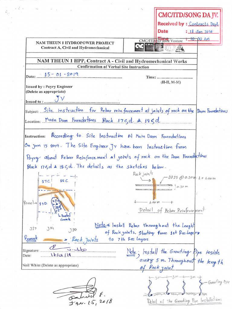 190115 Confirmation of Verbal Site Instruction_Main Dam Foundations | PDF