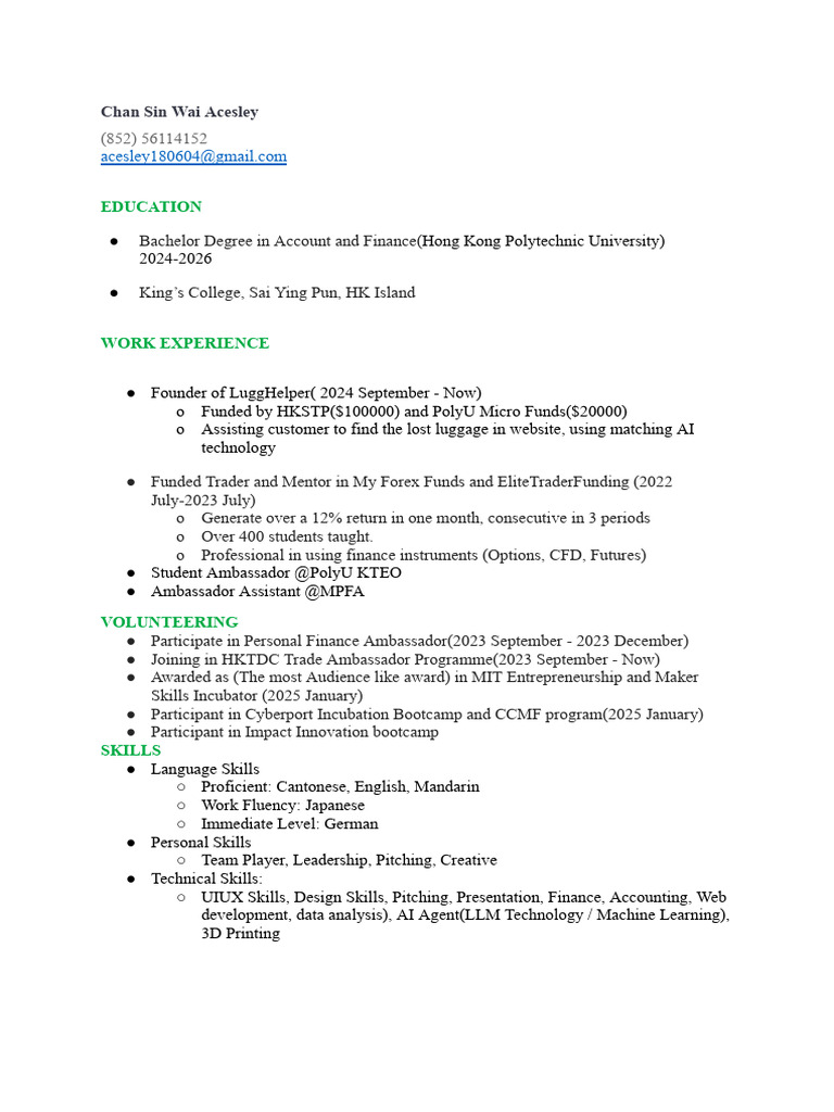 Chan Sin Wai Acesley CV | PDF