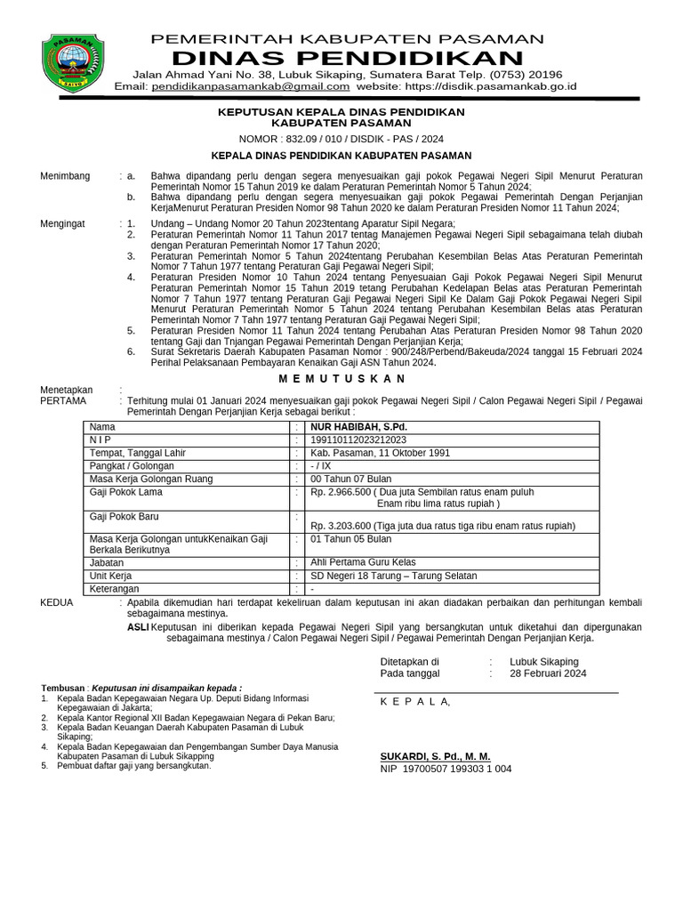 Penyesuaian Gaji ASN Pasaman 2024 | PDF