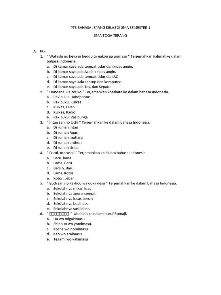 PTS Bahasa Jepang Kelas Xi Sma Semester 1 | PDF
