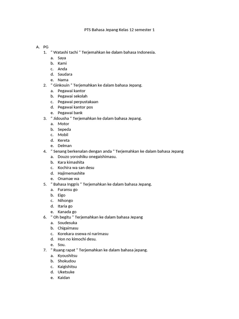 PTS Bahasa Jepang Kelas 12 semester 1 | PDF